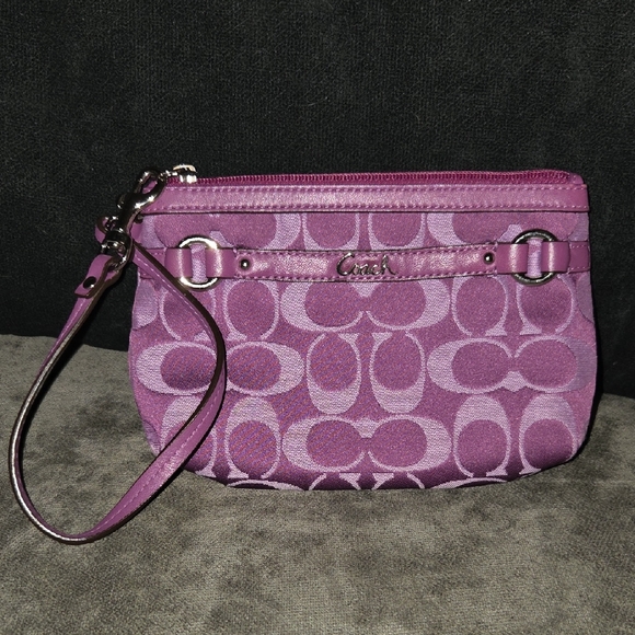 Coach | Bags | Coach Signature Pattern Purple Wristlet | Poshmark